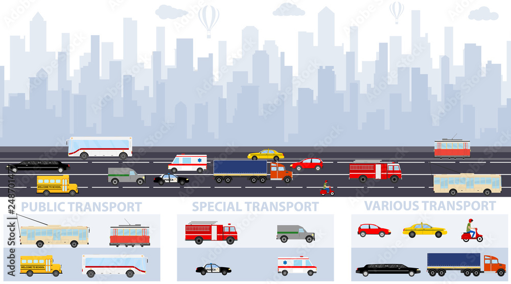 City traffic background with transport vehicles. City infographics ...