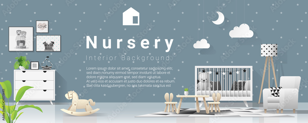 Interior background with modern baby bedroom , vector , illustration ...