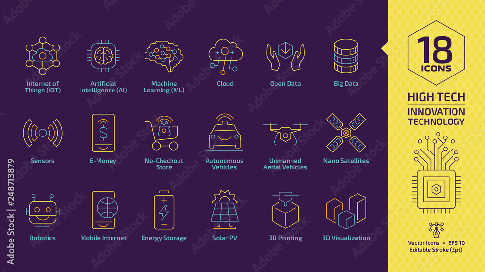 Vector innovation technology editable stroke yellow line icon set on a ...