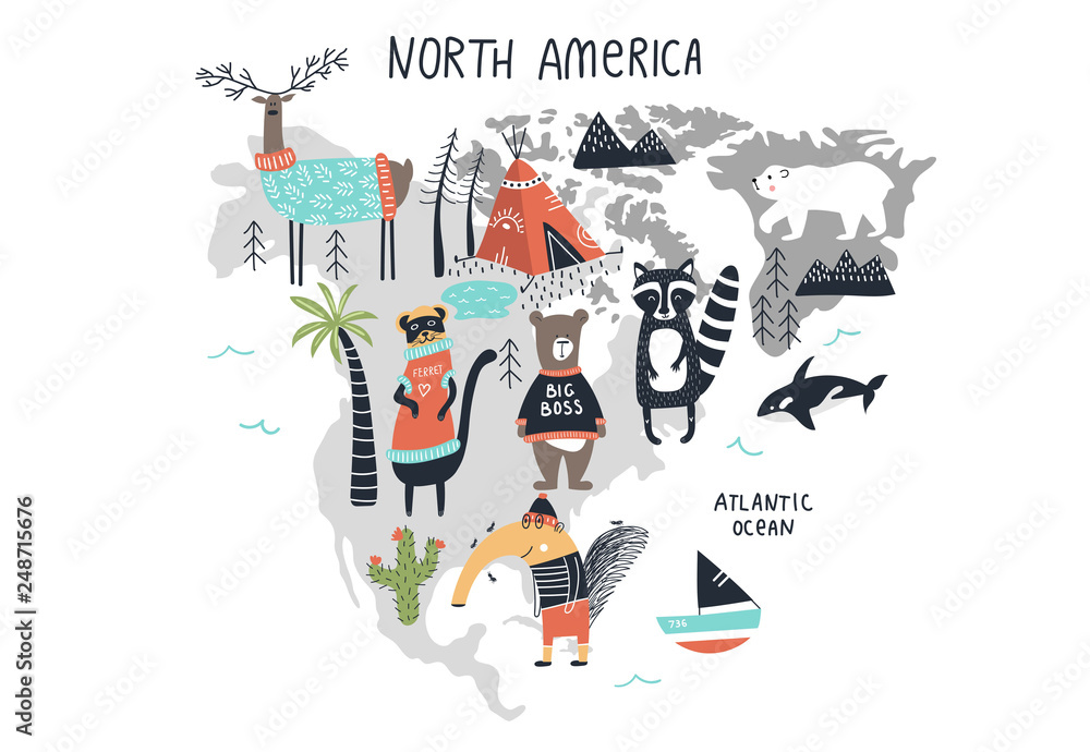 Animal World Map - mainland North America. Cute hand drawn nursery ...
