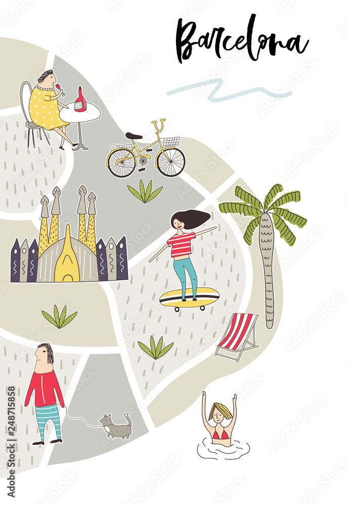 Illustrated Map of Barcelona with cute and fun hand drawn characters ...