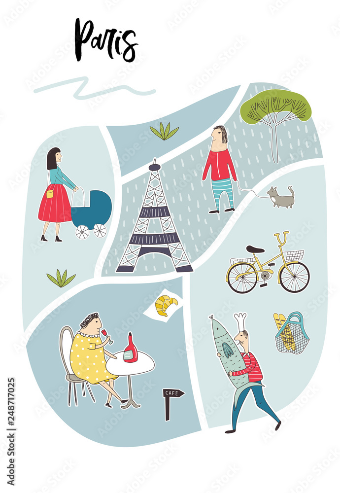 Illustrated Map of Paris with cute and fun hand drawn characters ...