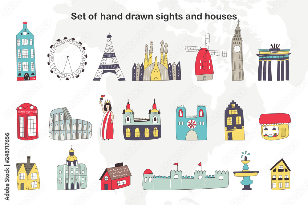Big set of hand drawn cartoon buildings and sights of Europe and other ...