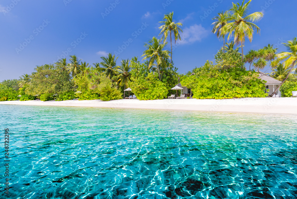 Tranquil beach scene. Exotic tropical beach resort, landscape for ...
