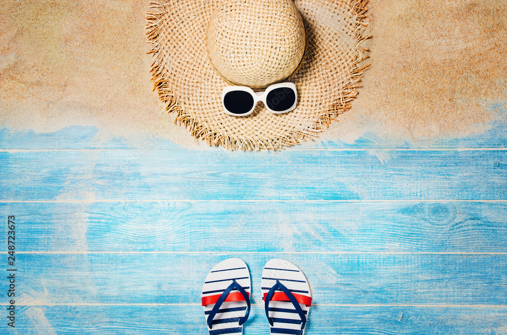 Top view of sandy beach with blue marine planks frame and summer ...