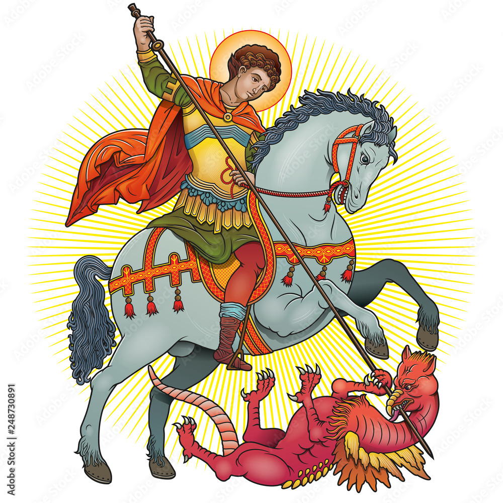 Saint George on horse slaying a dragon vector illustration Stock Vector ...