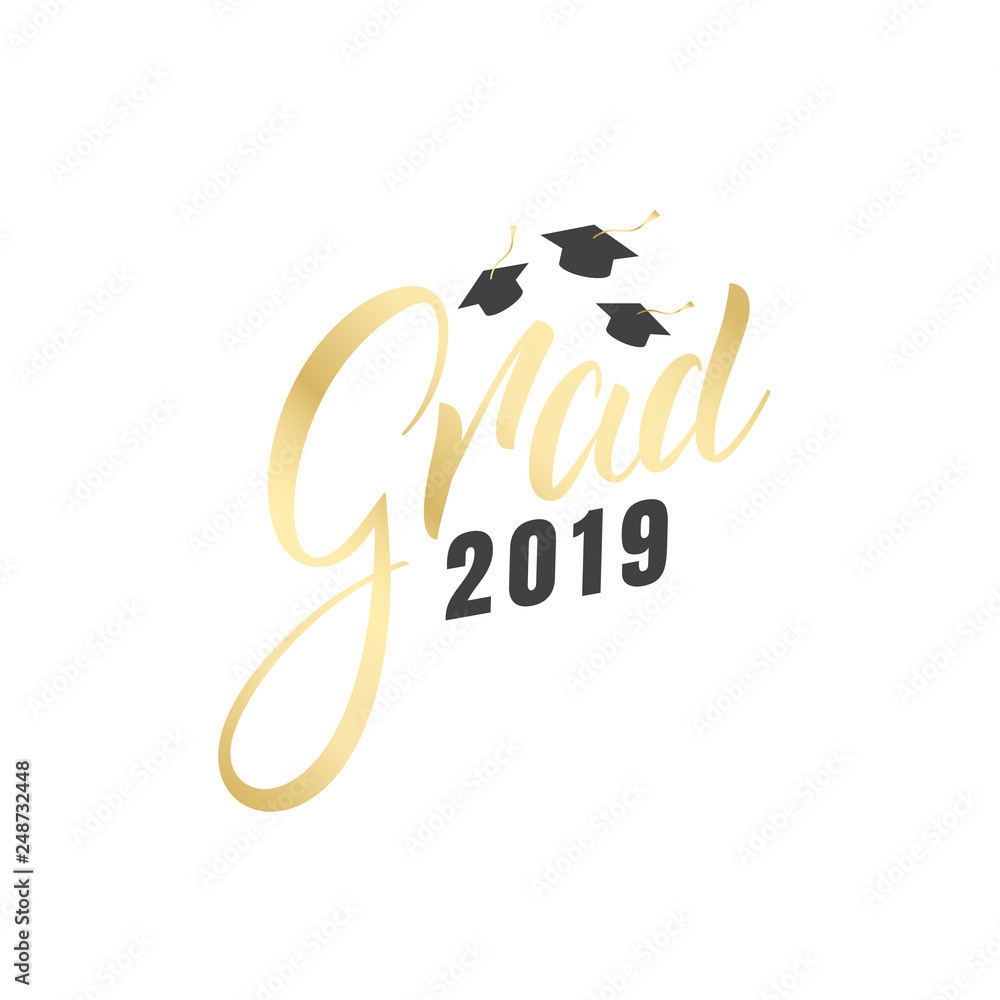 Graduation. Grad 2019 gold lettering label and graduation caps. Stock ...