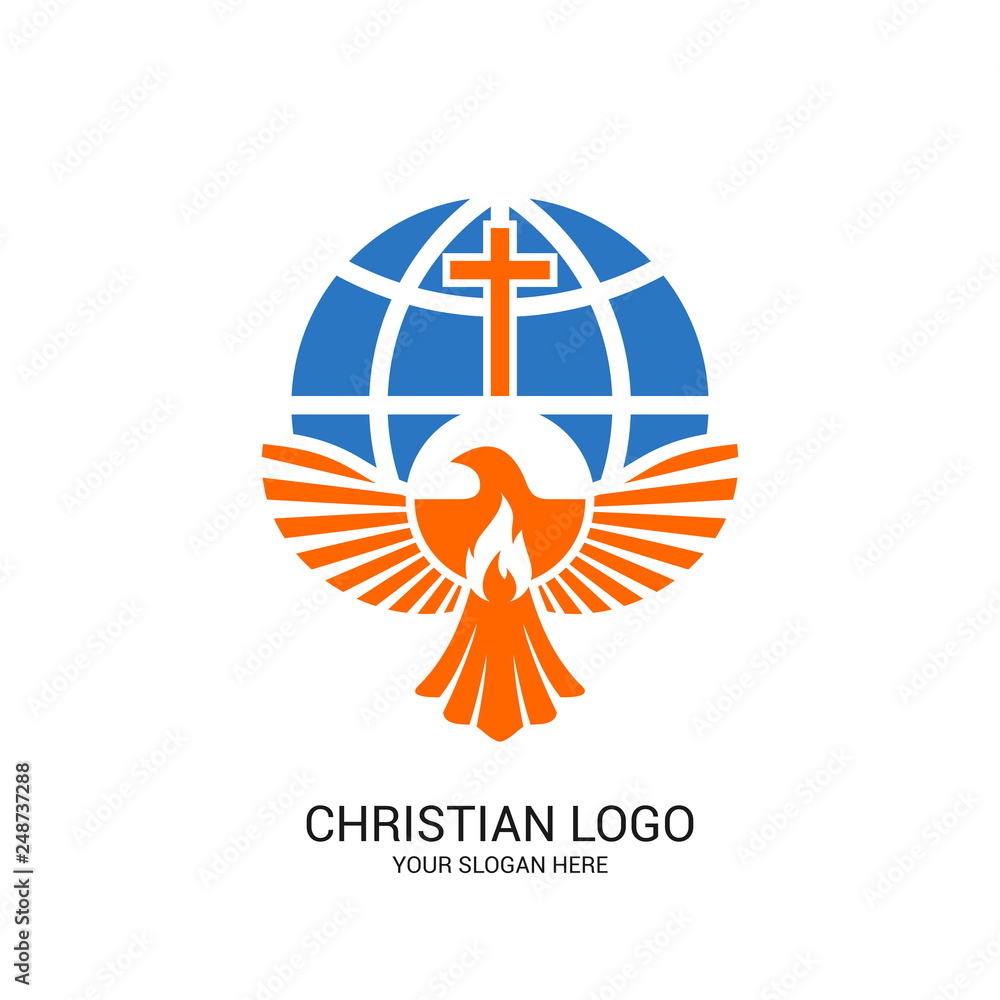 Christian church logo. Bible symbols. The flame, the cross of Jesus ...