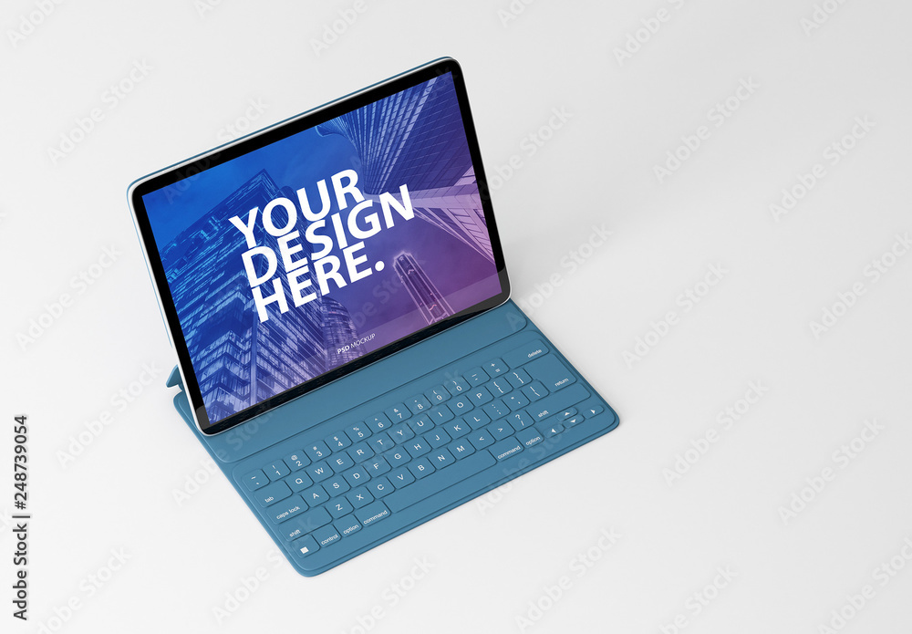 Tablet and Keyboard Case on White Surface Mockup Stock Template | Adobe ...