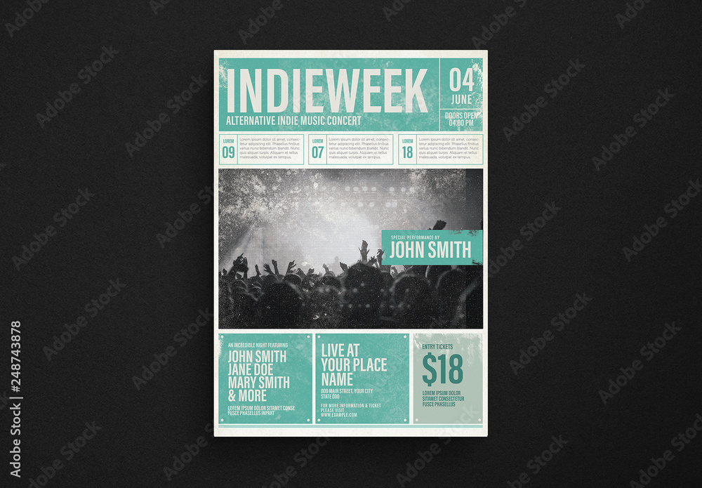 Indie Music Newspaper Layout with Distressed Effects Stock Template ...
