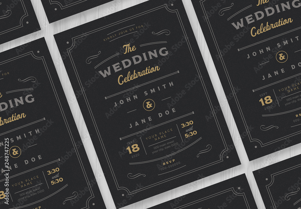 Wedding Invitation Layout on a Black Background Stock Template | Adobe ...