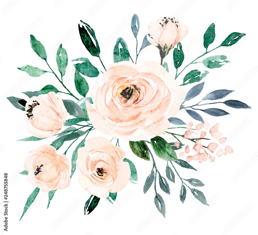 Watercolor beige flowers, floral bouquet for wedding invitation ...