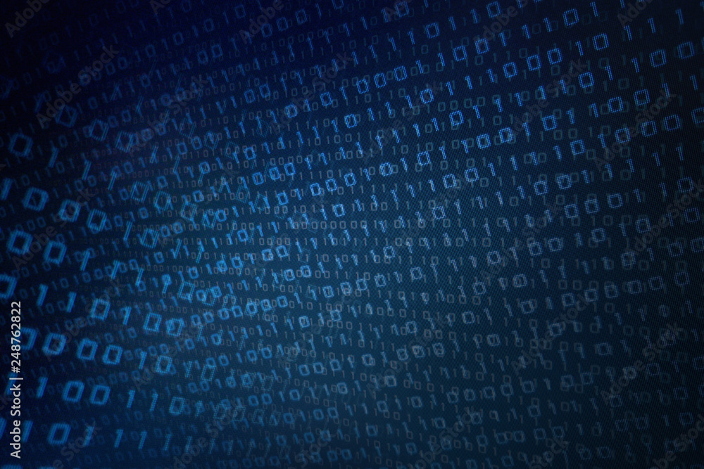 double exposure image of blue binary code data moving all direction ...