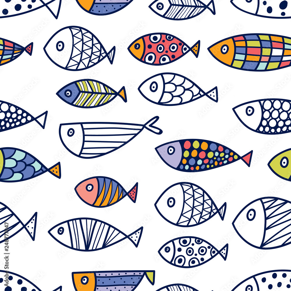 Cute fish. Kids line background. Seamless pattern. Can be used in ...