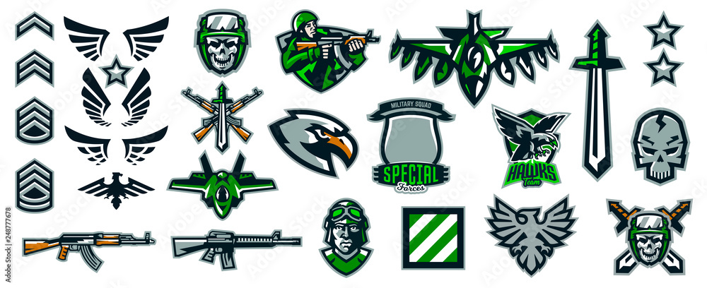 Set of military emblems. Stripes and badges. Military ranks, wings ...