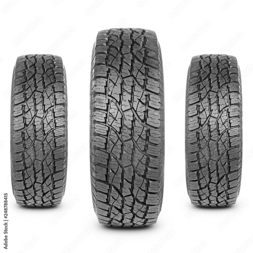 Three Car Tires Isolated on White Background. Semi-Trailer Truck Tires ...