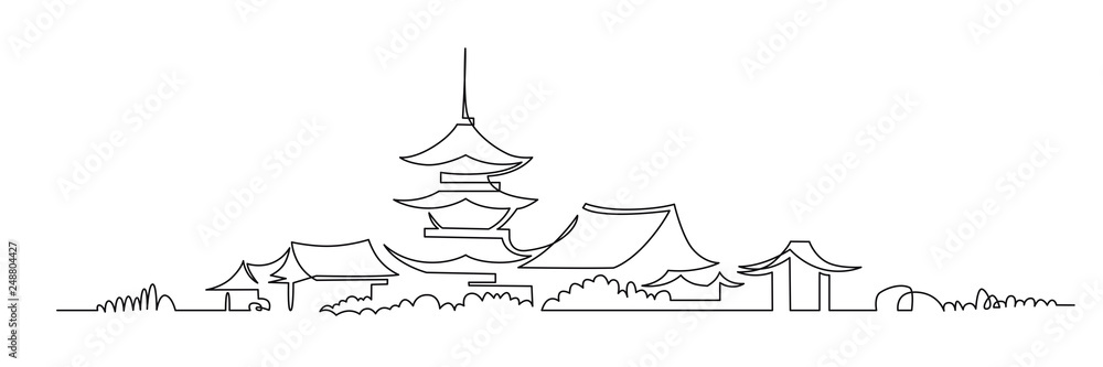 Japanese Buddhist temple continuous one line vector drawing Stock ...