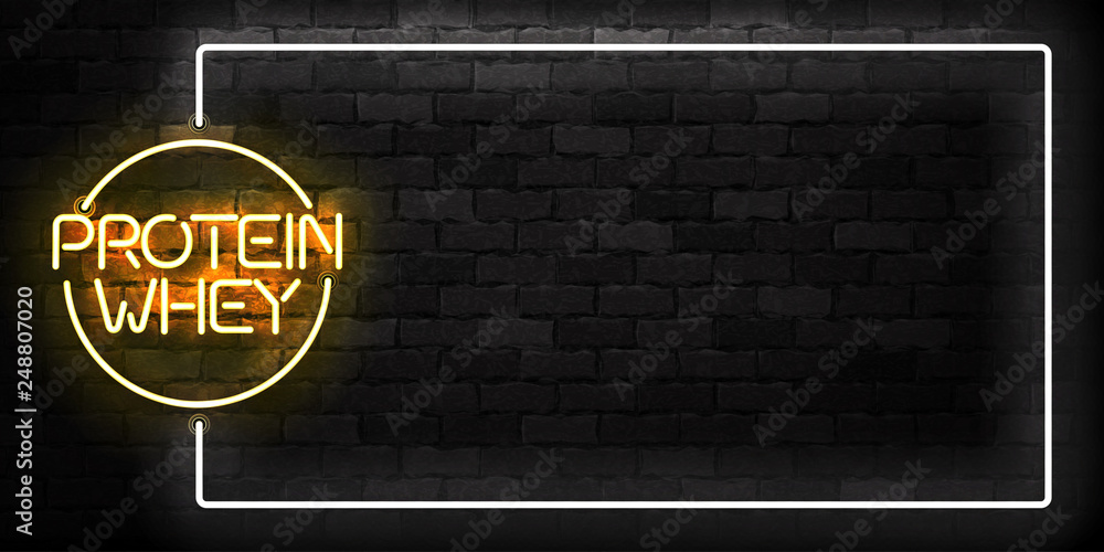 Vector realistic isolated neon sign of Protein Whey frame logo for ...