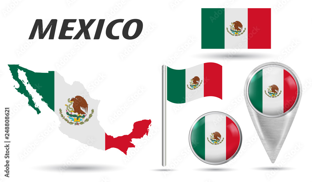 MEXICO. Flag, map pointer, button, waving flag, symbol, flat icon and ...