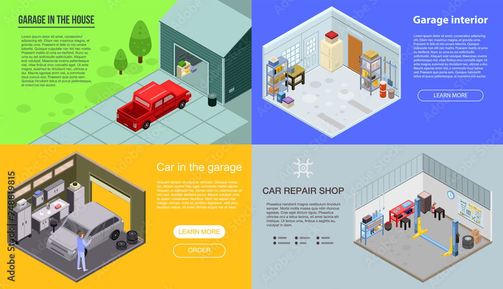 Garage interior banner set. Isometric set of garage interior vector ...