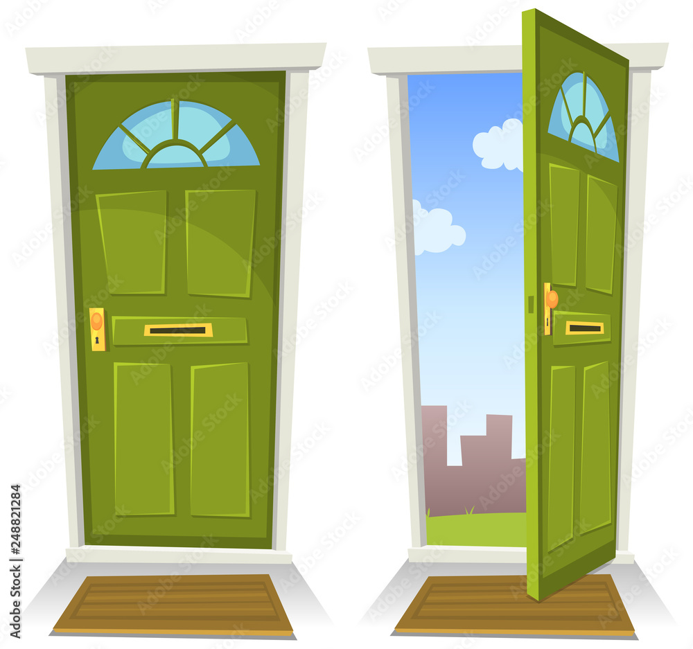 Cartoon Green Door, Open And Closed/ Illustration of a cartoon front ...