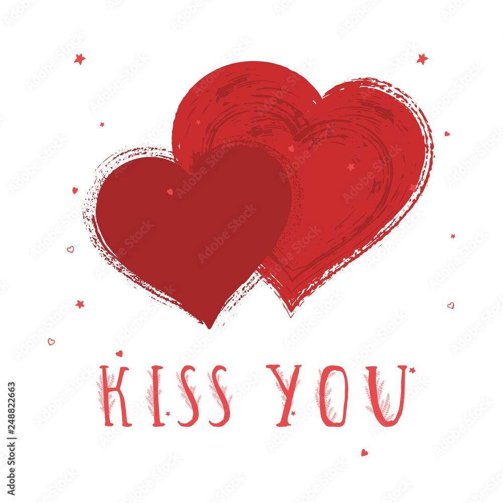 Vector illustration with hand drawn text KISS YOU and grunge hearts on ...