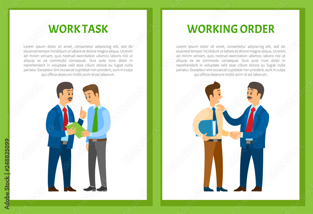 Working order and work task, boss giving instructions to employee ...