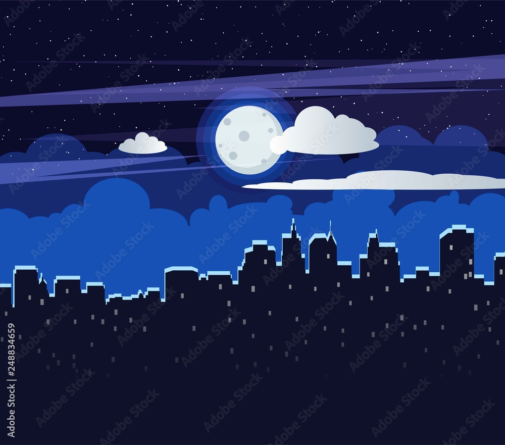 Night cityscape flat vector illustration of dark urban midnight ...