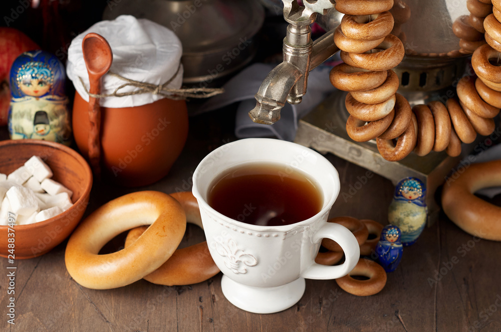 Russian Tea Party including black tea from samovar, lump sugar, bagels ...