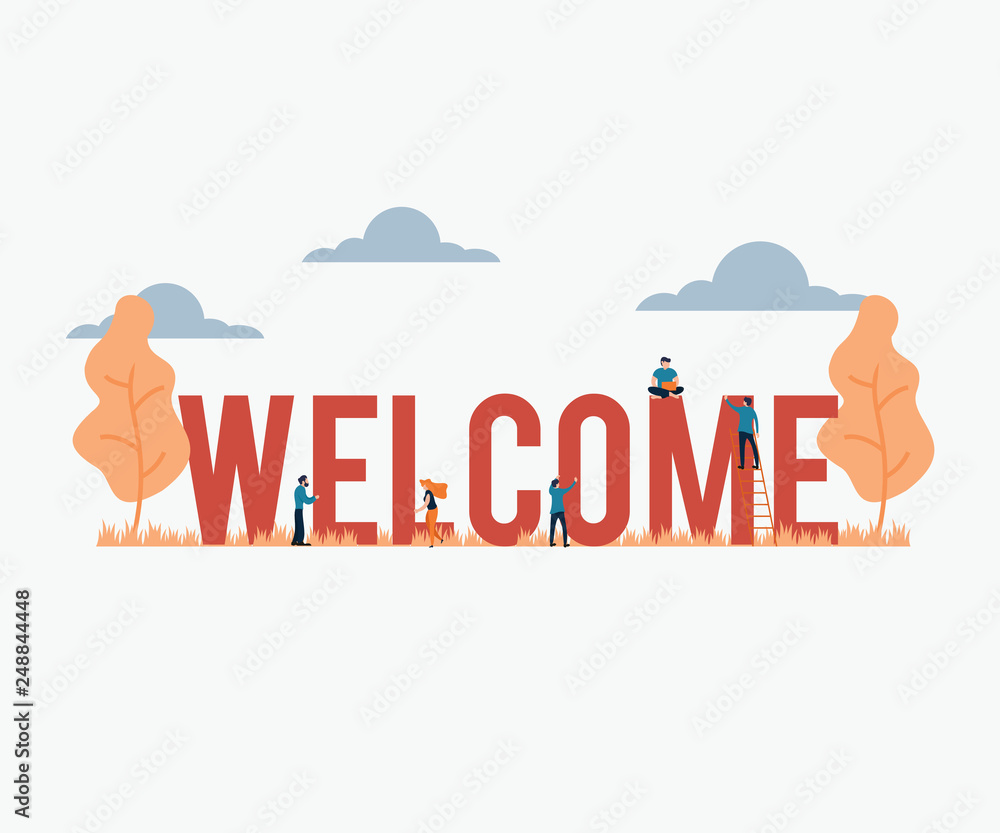 vector illustration Welcome Big Word Presentation flat cartoon style ...