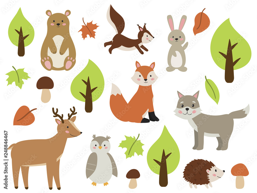 Set of forest animals. Cute cartoon fox, rabbit, bear, wolf, owl ...