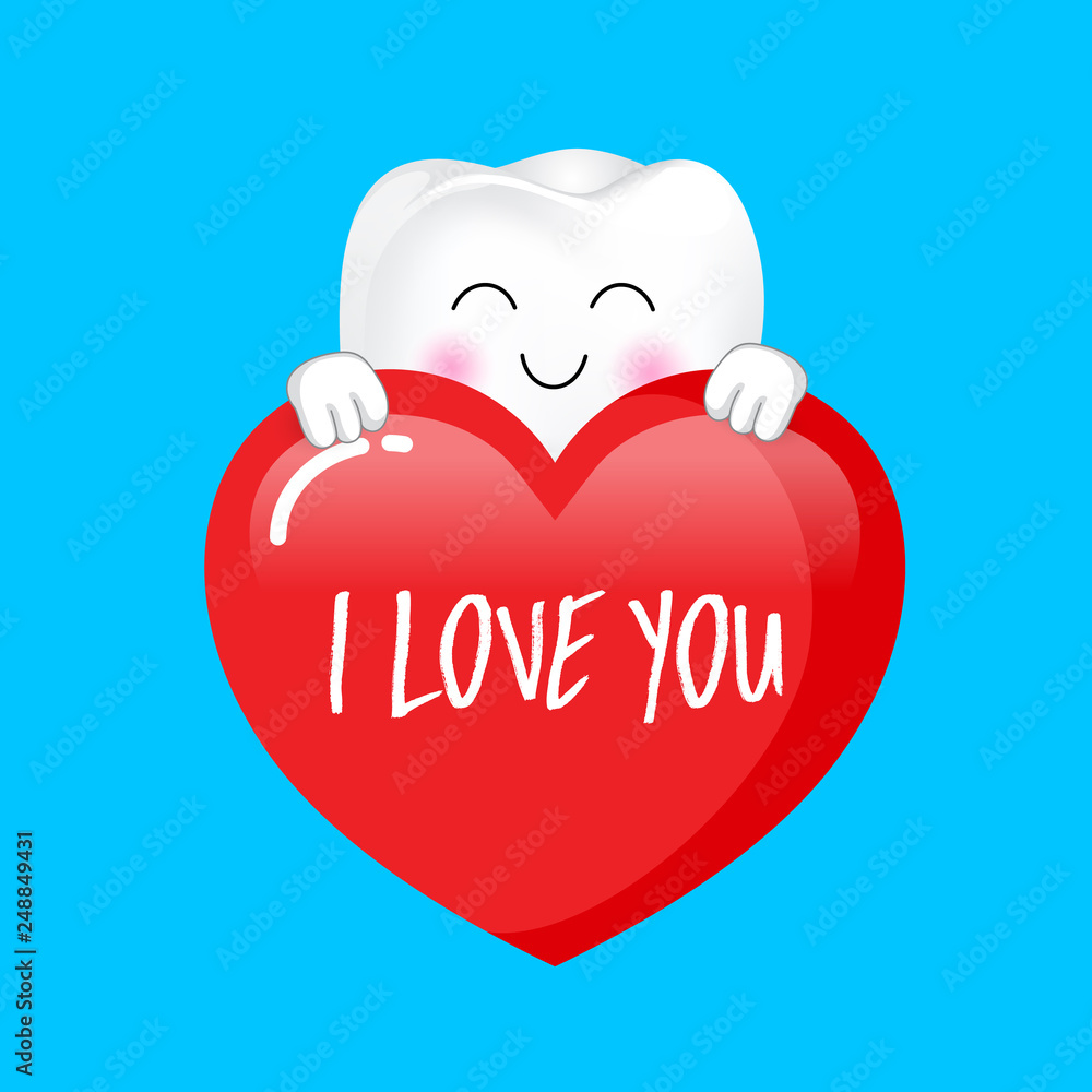 Cute cartoon tooth character holding a heart. I love you, Valentine's ...