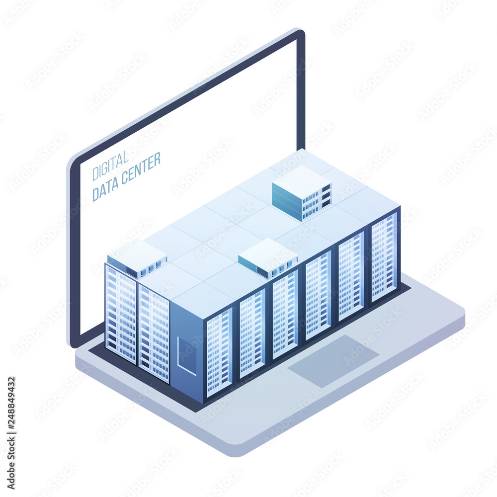 3d isometric concept big data center with server or hosting and laptop ...