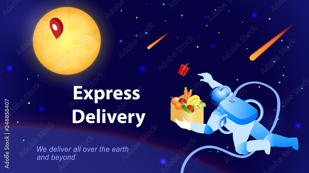 Astronaut Delivers Food Order. Express Delivery Concept. E-Commerce ...