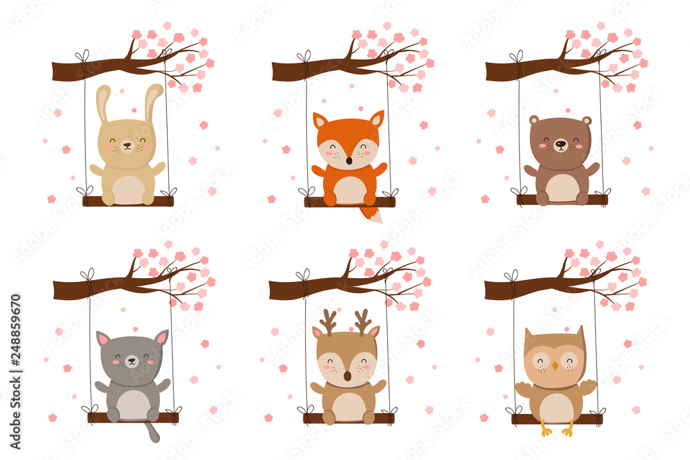 Vector collection of cartoon cute animals on swing Stock Vector | Adobe ...