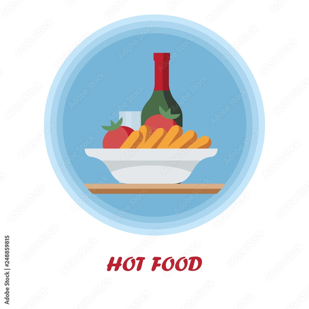 First course flat vector illustration. Hot food with alcohol drink ...