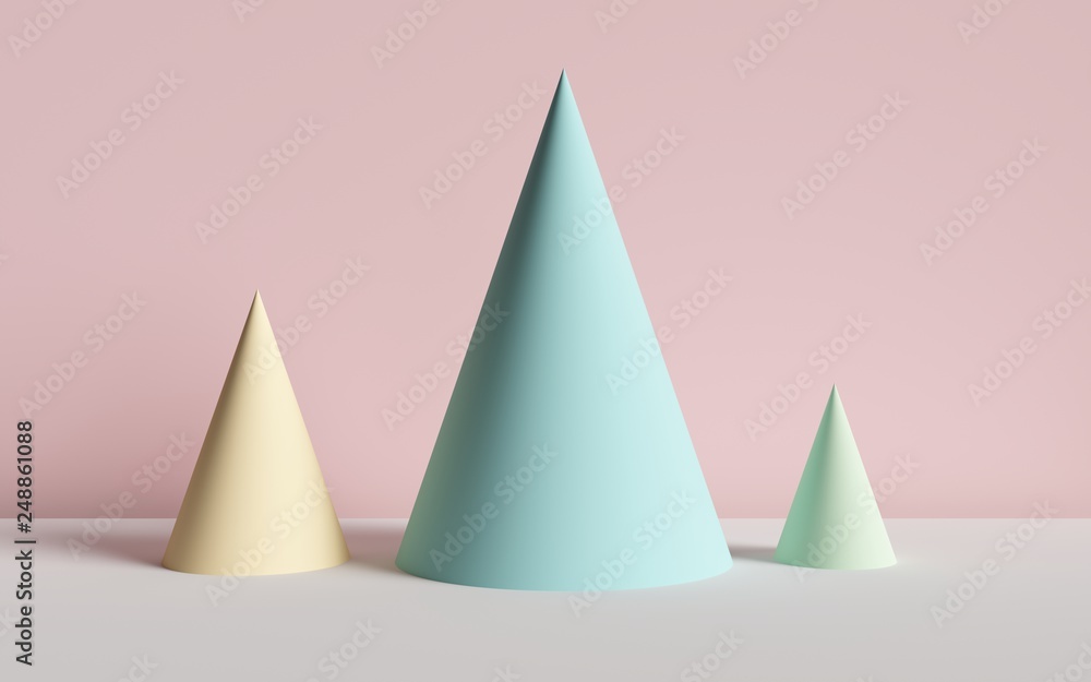 3d render, abstract background, cones, primitive geometric shapes ...