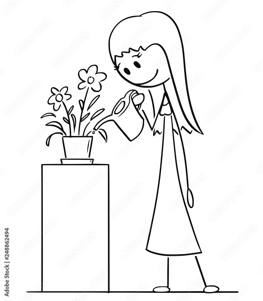 Cartoon stick figure drawing of woman with can watering flower in pot ...