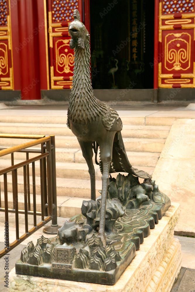 Bronze statue of a phoenix bird in the Summer Imperial Palace. Beijing ...