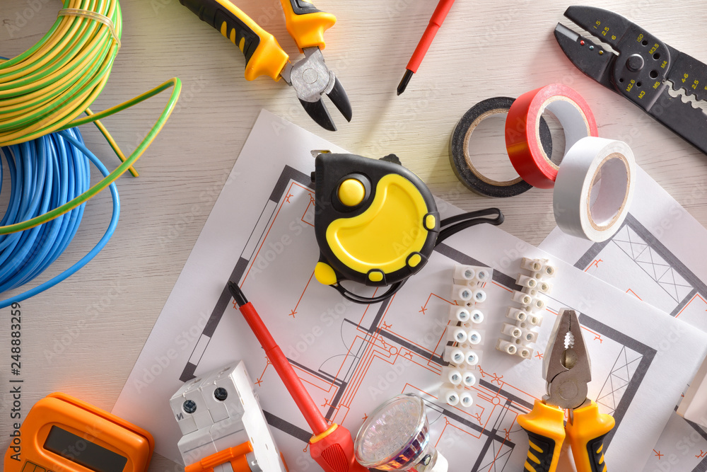 Equipment on table for electrical installation of housing general top ...