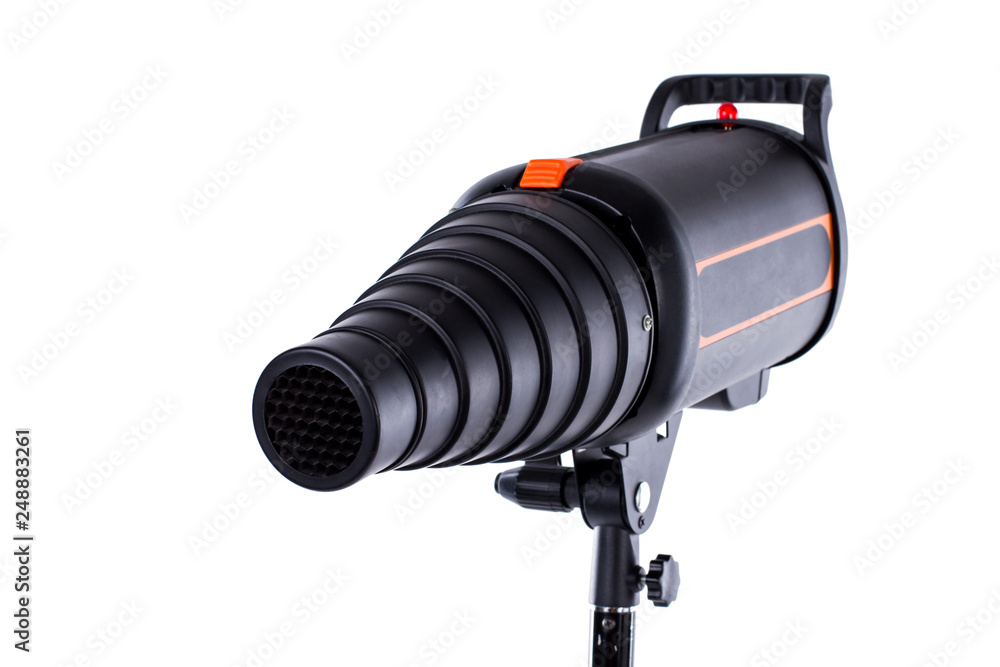 Flash tube strobe close up. Pulse studio flash with a conical snoot on ...