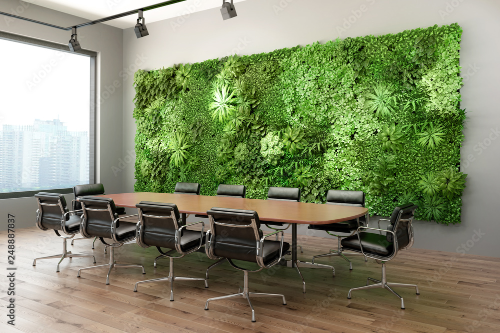 3d render of a Vertical green wall in modern office meeting room ...
