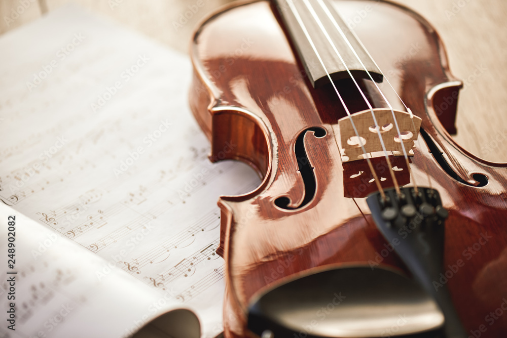 Beauty of musical instruments. Close up view of brown violin lying on ...