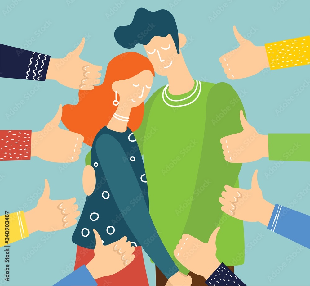 Vector illustration of concept of public approval with young woman and ...