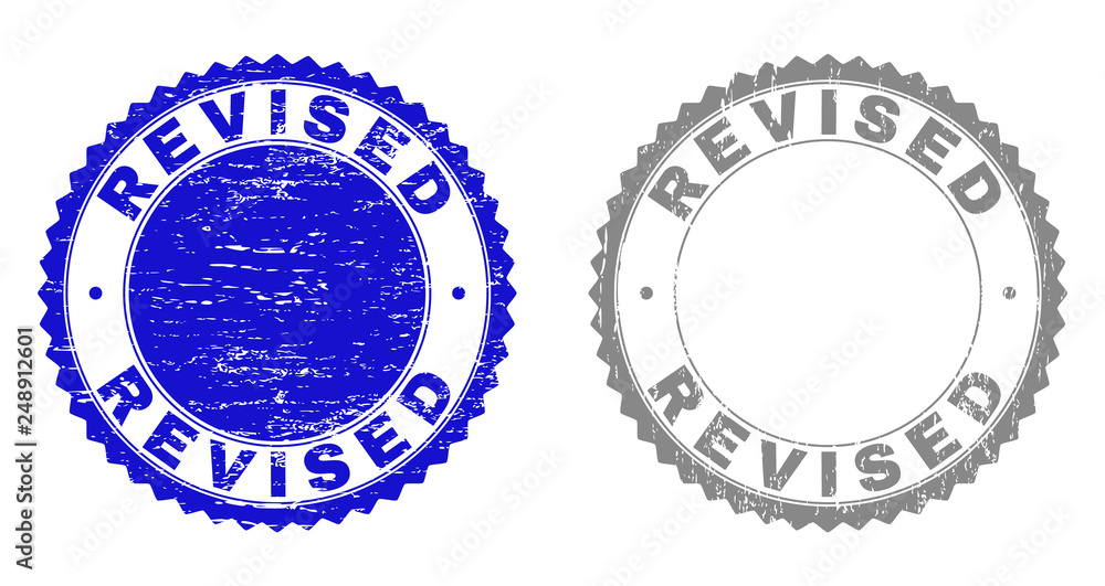 Grunge REVISED stamp seals isolated on a white background. Rosette ...