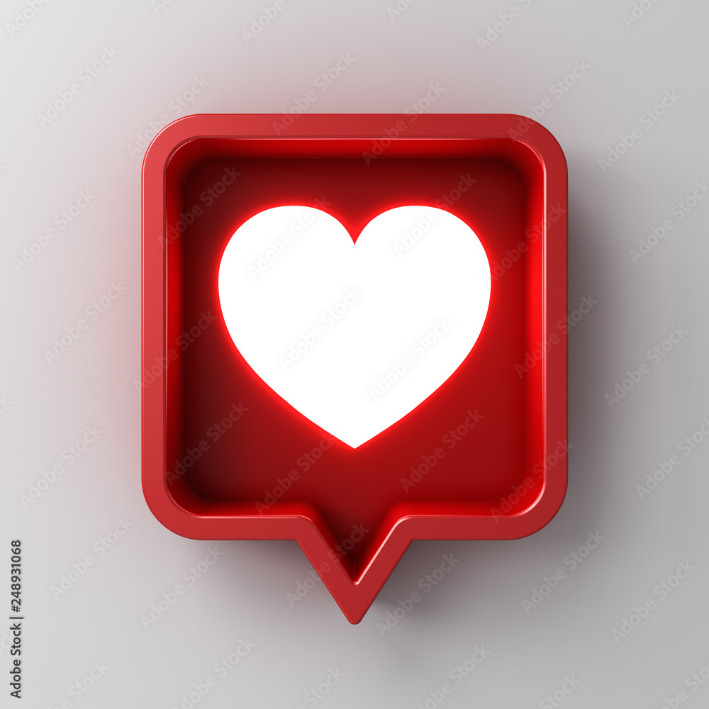 3d social media notification light like heart icon in red rounded ...