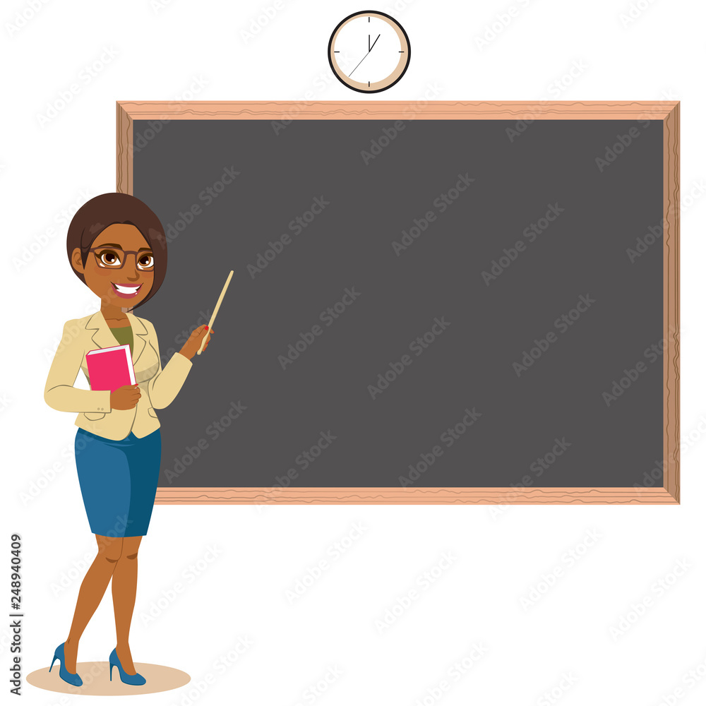 Professional African American teacher woman pointing blackboard Stock ...