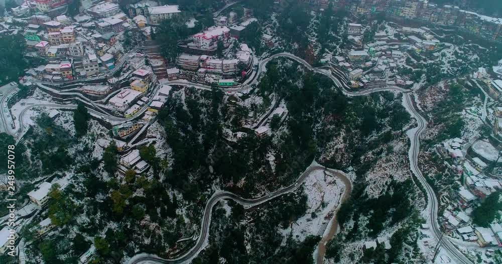 Beautiful aerial view of the queen of hills Mussoorie's first snowfall ...