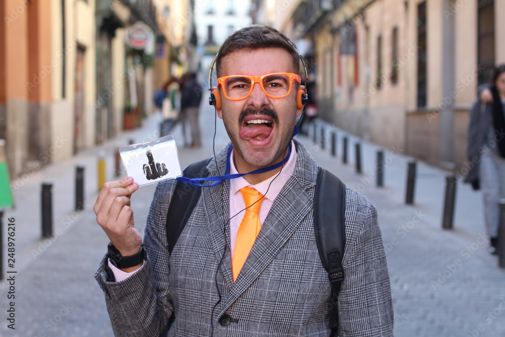 Eccentric retro styled businessman showing the middle finger Stock ...