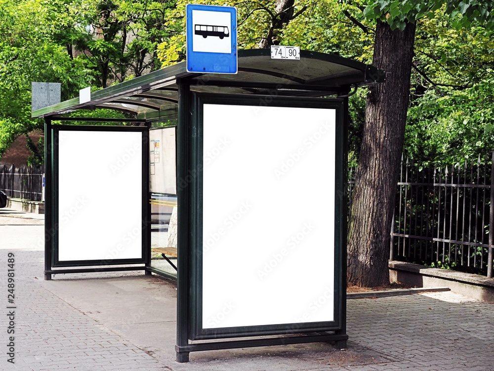 Bus tram stop, shelter, white empty place for street ads, advertisement ...